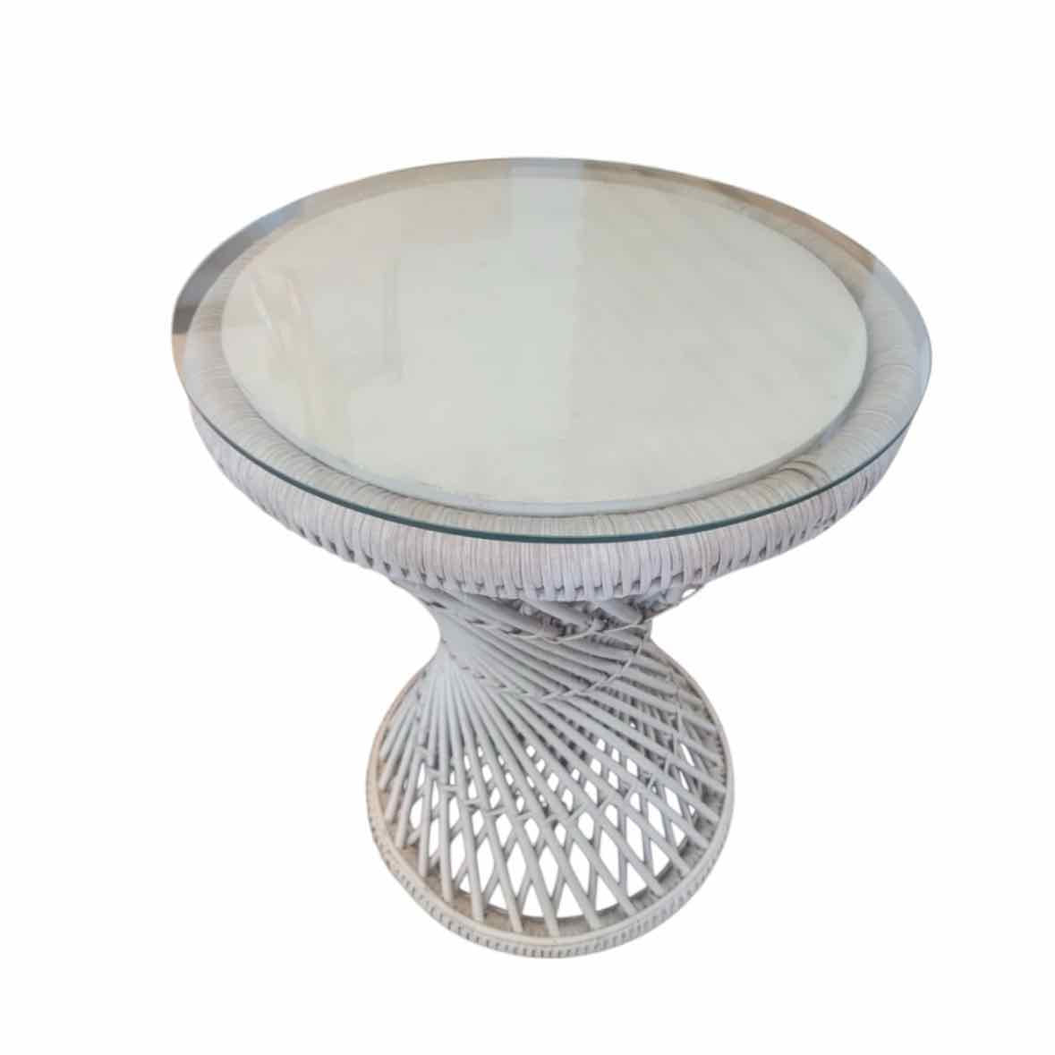 White wicker side table with glass top store
